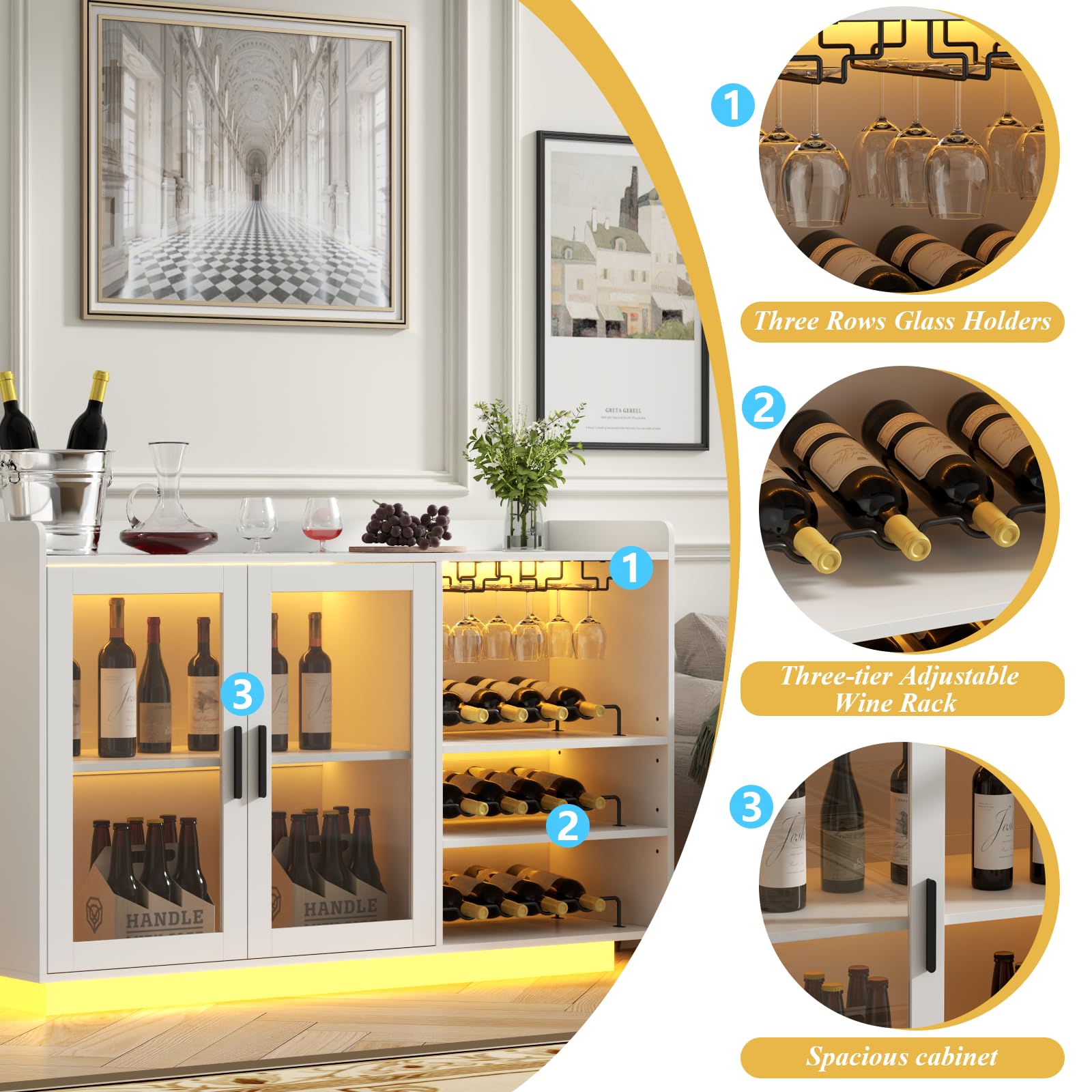 Loomie Wine Bar Cabinet with LED Lights, Floating Coffee Bar with Glass Rack and Removable Wine Racks, Modern Buffet Sideboard with Storage Shelves, Kithchen Bar with Glass Cabinet Doors, Black