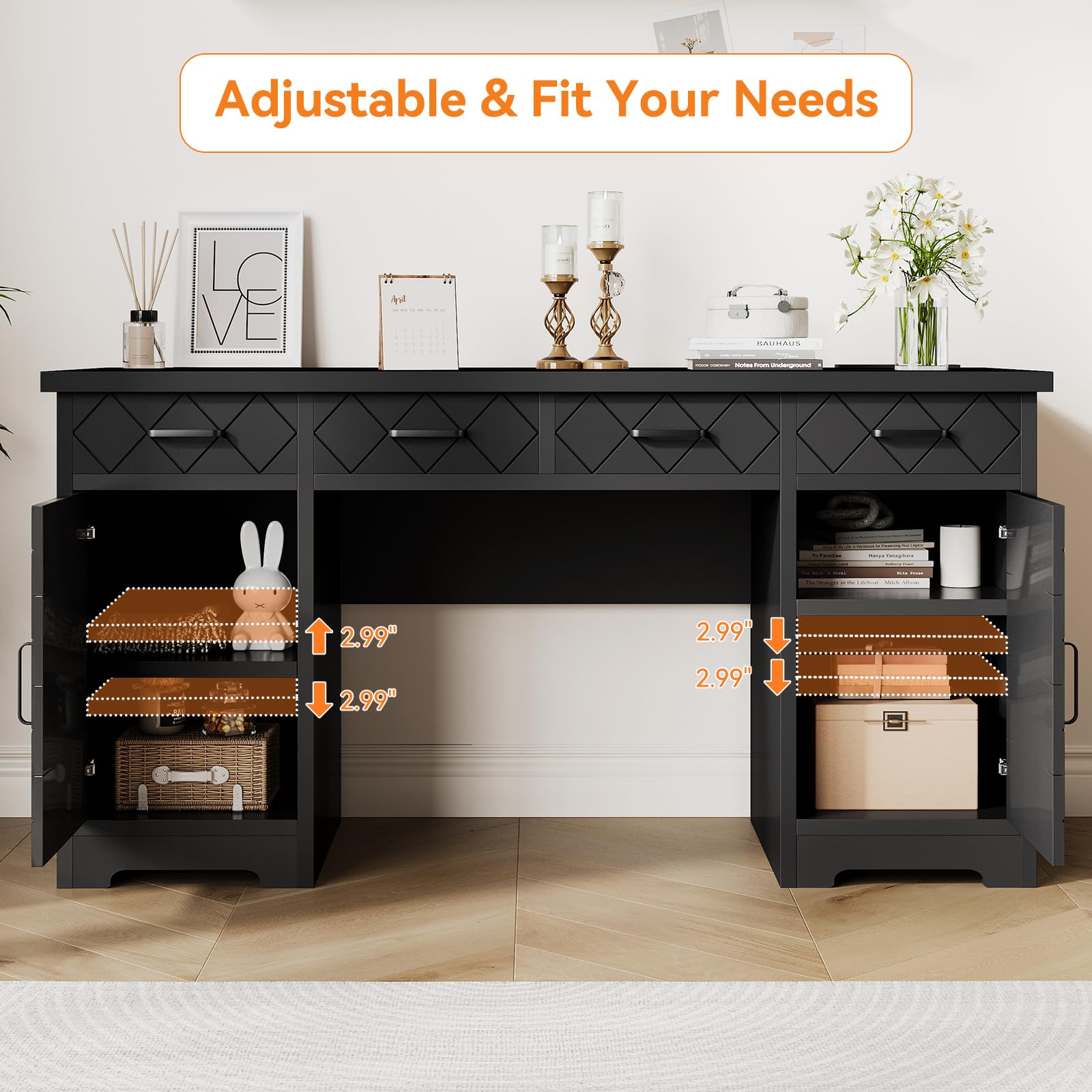 Jojoka 55" Executive Desk, Wood Computer Desk with Drawers and Cabinet, Home Office Desk with Charging Station for Work Study Writing