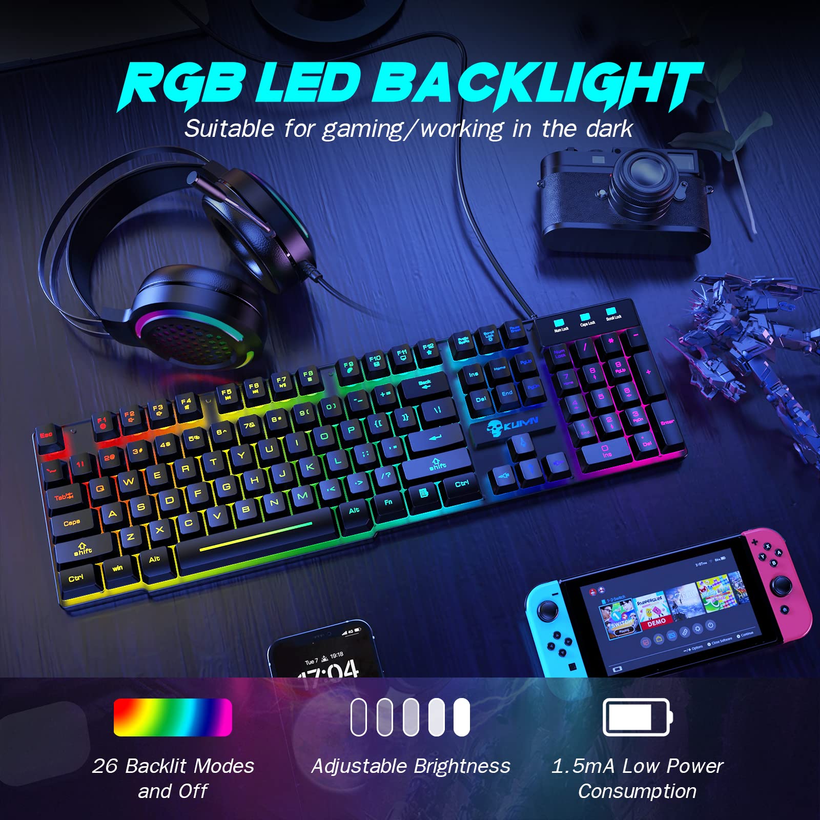 Gaming Keyboard and Mouse Headset and Mouse pad,Wired LED Rainbow Backlight Bundle PC Accessories Headphones for Gamers and Xbox and PS4 PS5 Nintendo Switch Users-4in1 Gaming Set