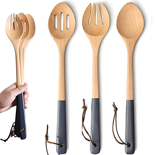 Wooden Spoons for Cooking Set for Kitchen, 12 Inch Large Non Stick Cookware Tools Includes Wooden Spoon, Fork, Slotted Turner, Premium Quality Housewarming Gifts Wooden Serving Utensils