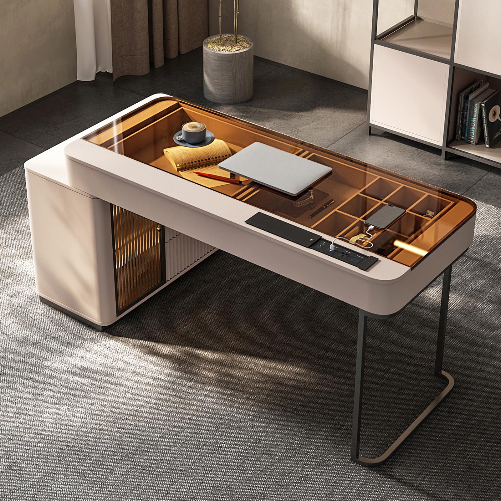 Lartis Office Desk, Very Easy to Assemble,Computer Desk, Home Telescopic Writing Desk, Storage Cabinet Retractable Corner, Built-in LED Lights, Five Large Storage Drawers, compartmentalized Storage