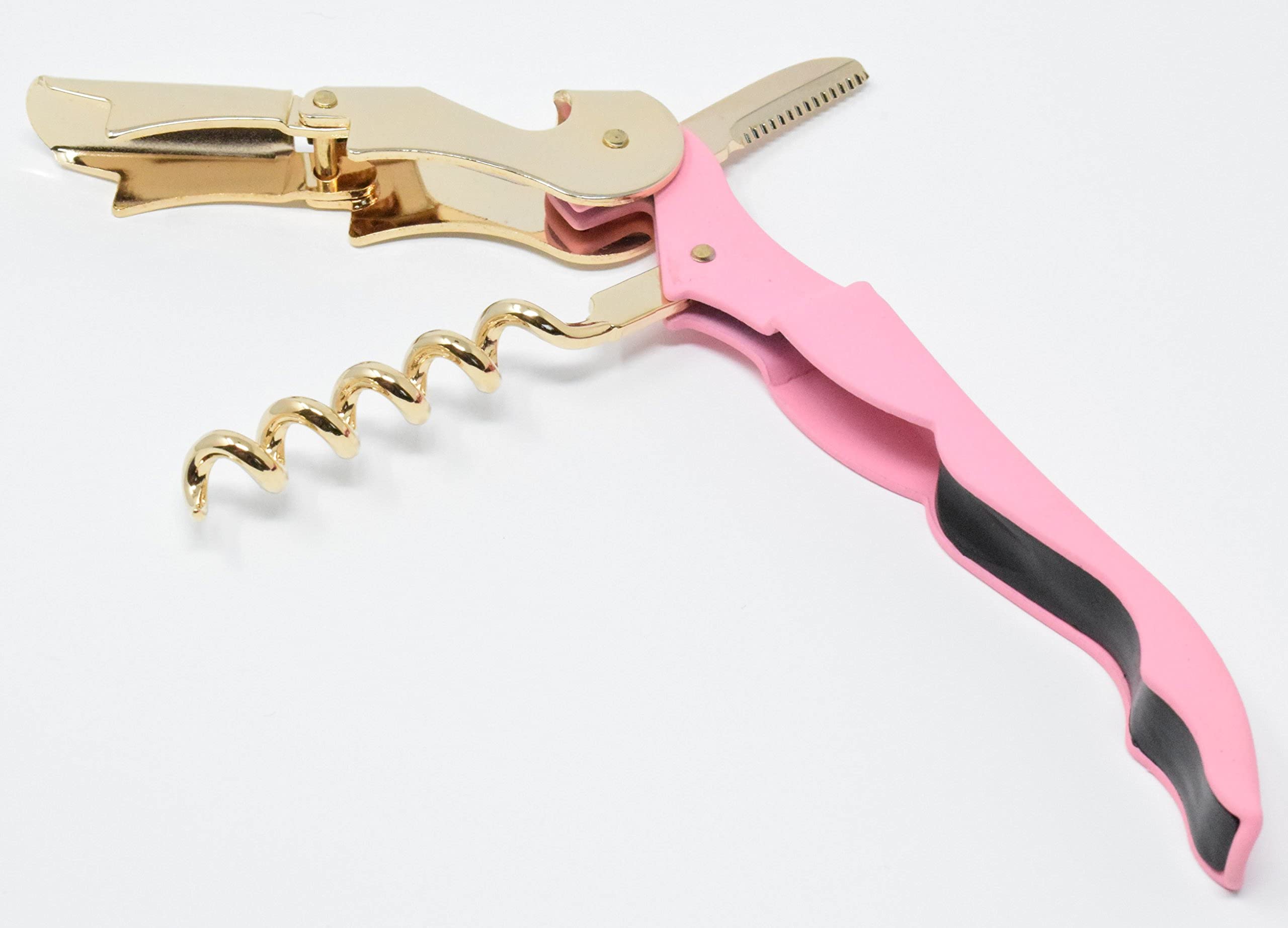 Gold and Pink Soft Velvet Touch Waiters Double Hinge Corkscrew Wine Bottle Opener