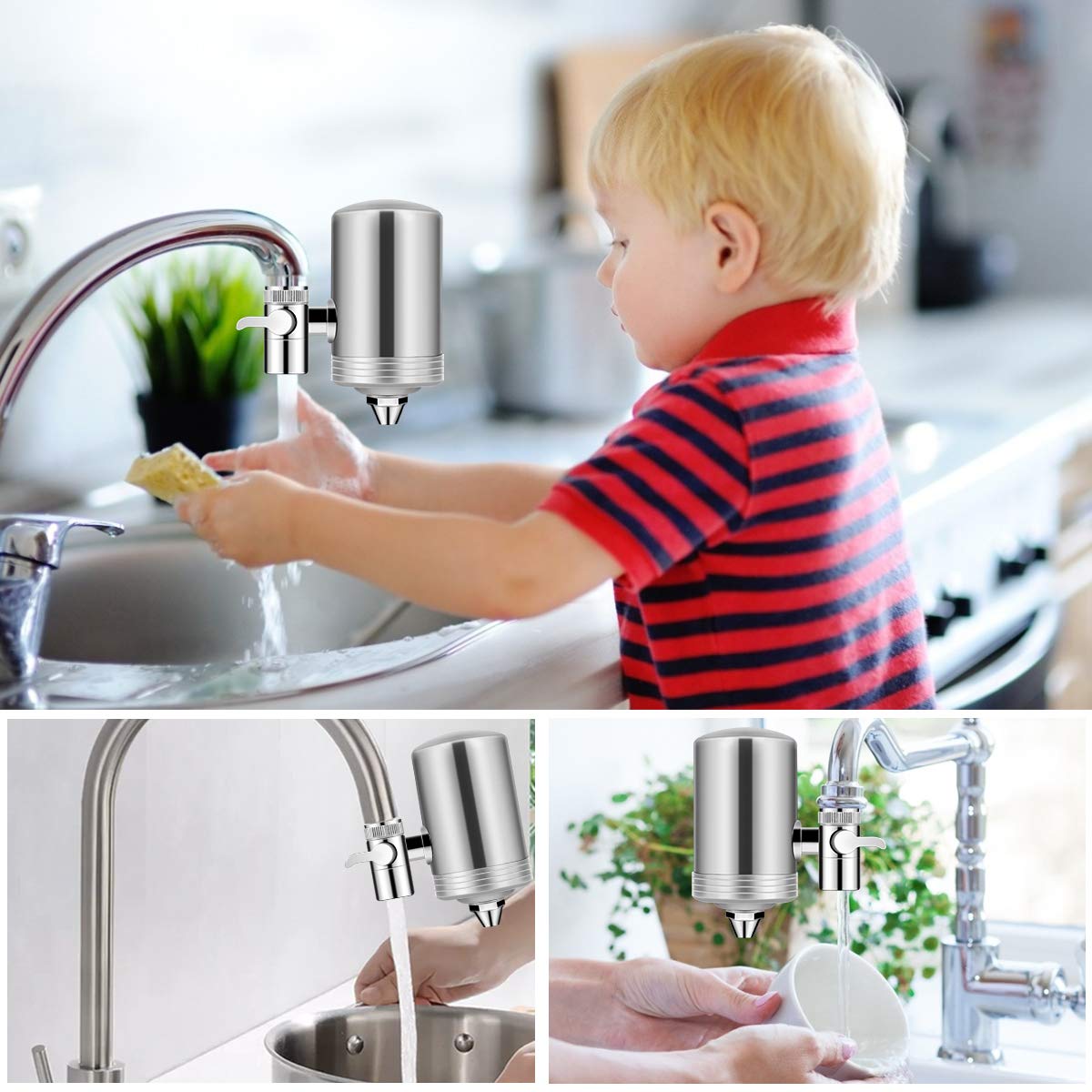Dimener Faucet Water Filter, Water Purifier Sink Filter 304 Stainless-Steel Tap Water Filter System, Reduce Chlorine, Lead Reduction, Double Outlet (2 Filter Cartridges Included)