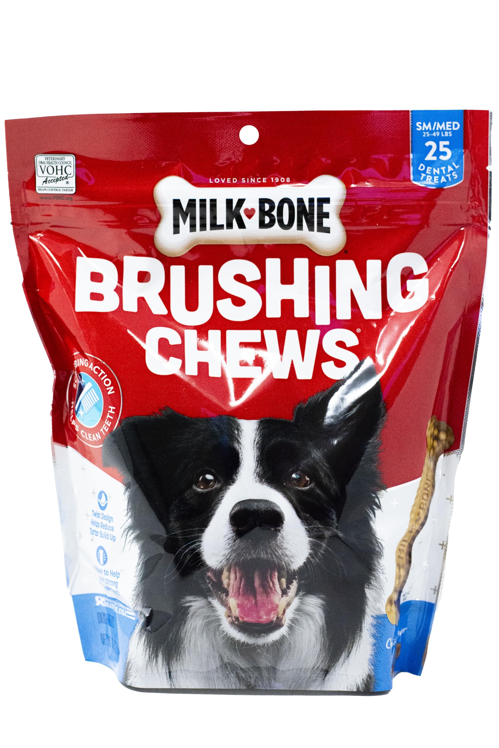 Milk-Bone Brushing Chews Dental Dog Treats - Small/Medium Snacks for Pups 25-49 Lbs (25 Count) - Plus Rope Toy and Fun Animal Facts Booklet Bundle