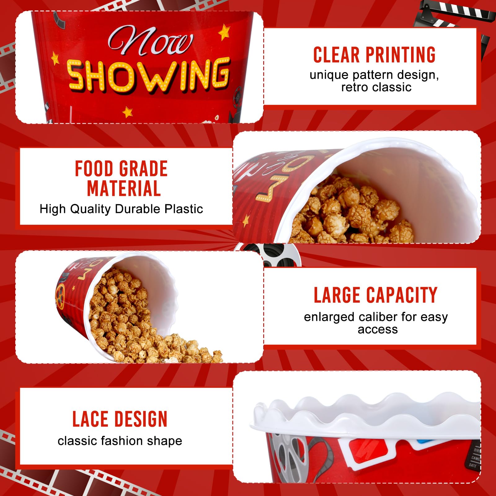 Roshtia 6 Pieces Plastic Popcorn Containers Reusable 75 oz Popcorn Bowl with Popcorn Scoop Retro Style Popcorn Boxes Red Popcorn Plastic Scoop Set for Movie Theater Night (Movie)