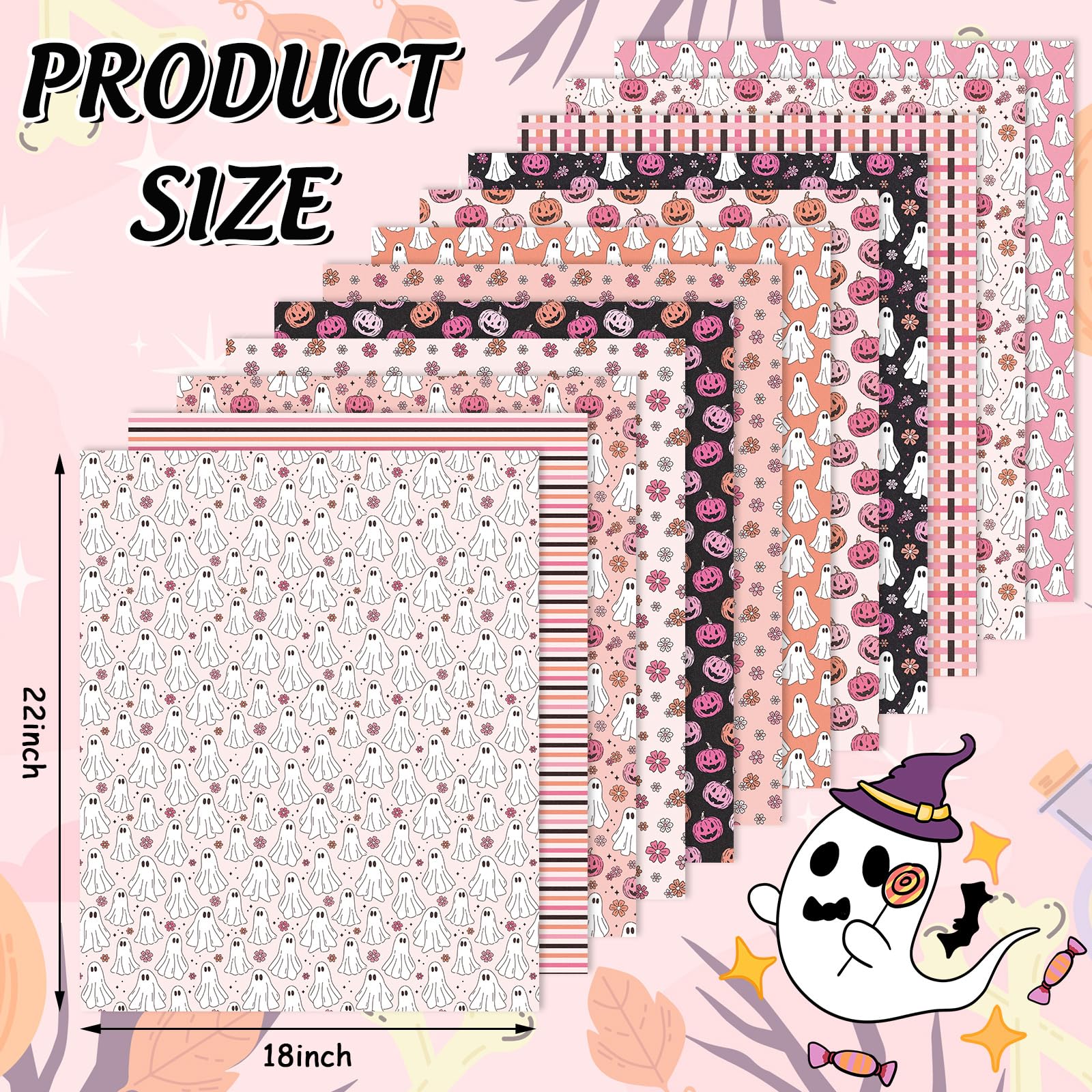 JarThenaAMCS 12Pcs Halloween Cotton Fabric Bundles 18 x 22 Inch Pumpkin Ghost Flower Fat Quarters Pink Black Holiday Sewing Fabrics for DIY Craft Party Decor