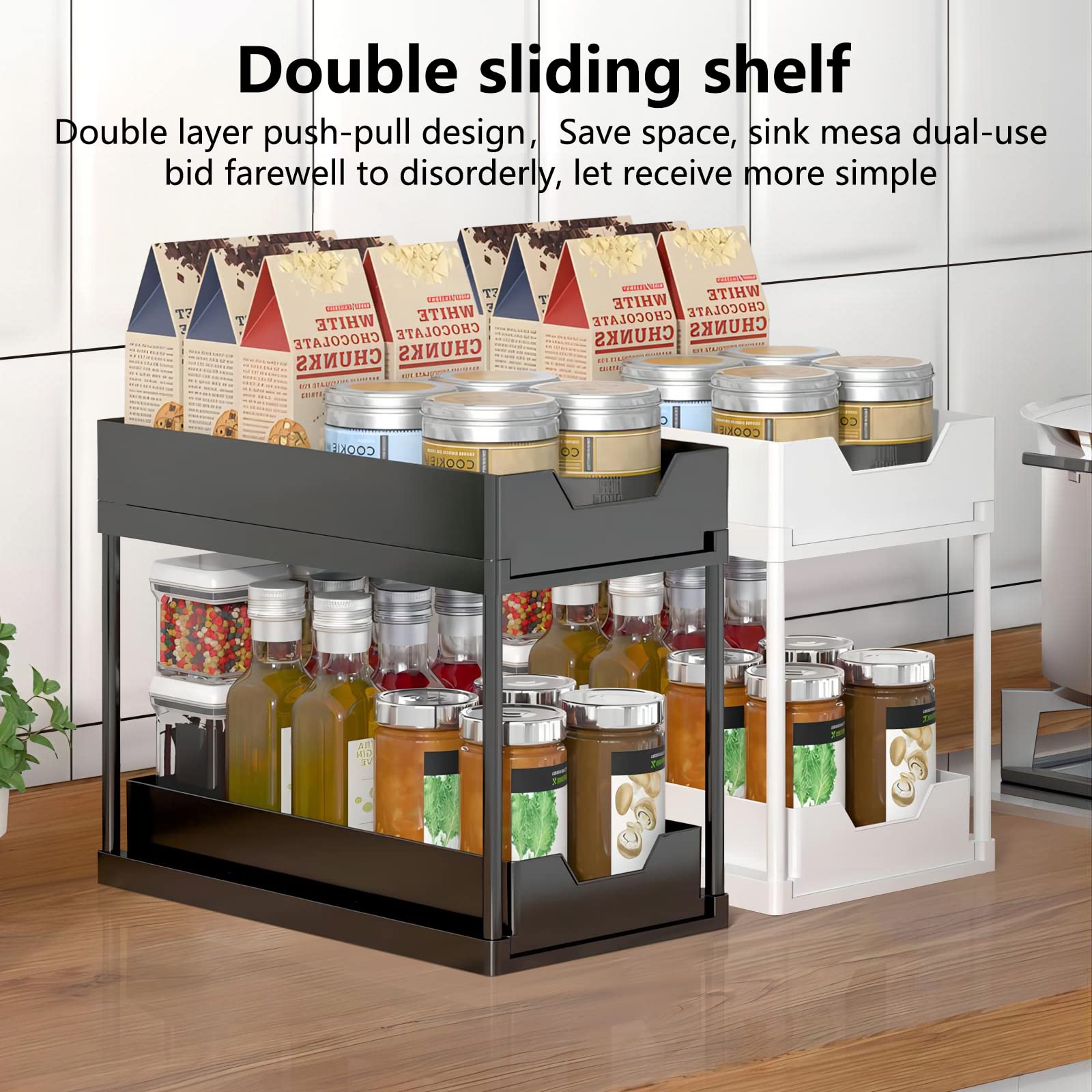 Fourmor Under Sink Organizers and Storage - 2 Tier Slide Out Shelf Under Cabinet Kitchen Storage with 4 Hooks, Pull Out Under Sink Organizer for Kitchen Bathroom Counter Office Pantry