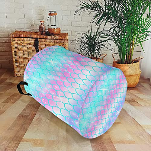 Mermaid Scale Stars Laundry Basket Waterproof Dirty Clothes Hamper Collapsible Toys Storage Bins with Handle for College Dorm Bathroom
