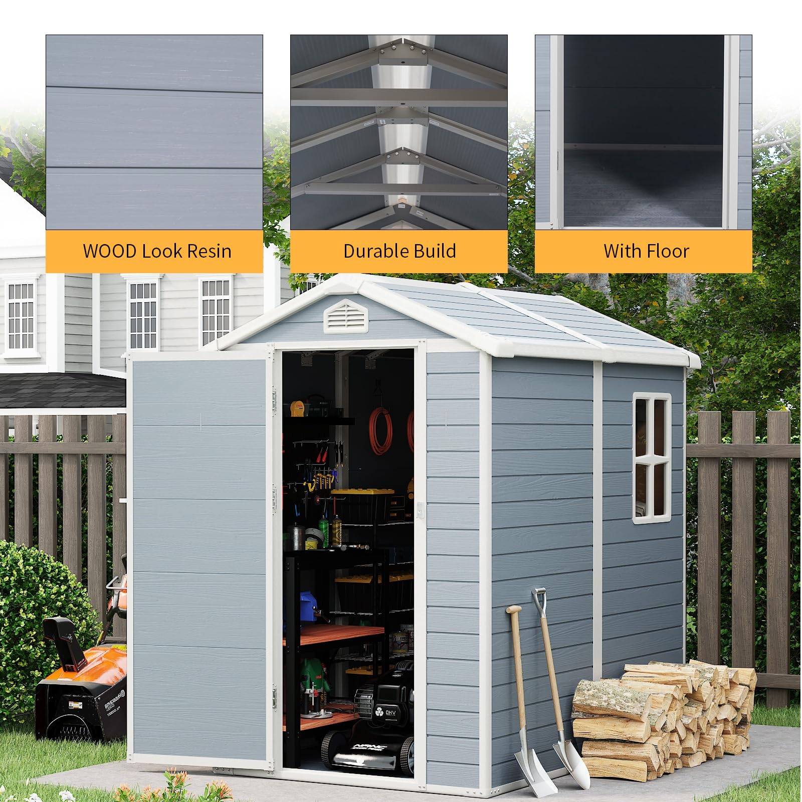 Jolydale 6’x4’ Outdoor Storage Resin Shed, Resin Utility Tool Shed Storage House with Lockable Door, for Backyard, Patio, Garden Bikes and Pool Accessories, Grey