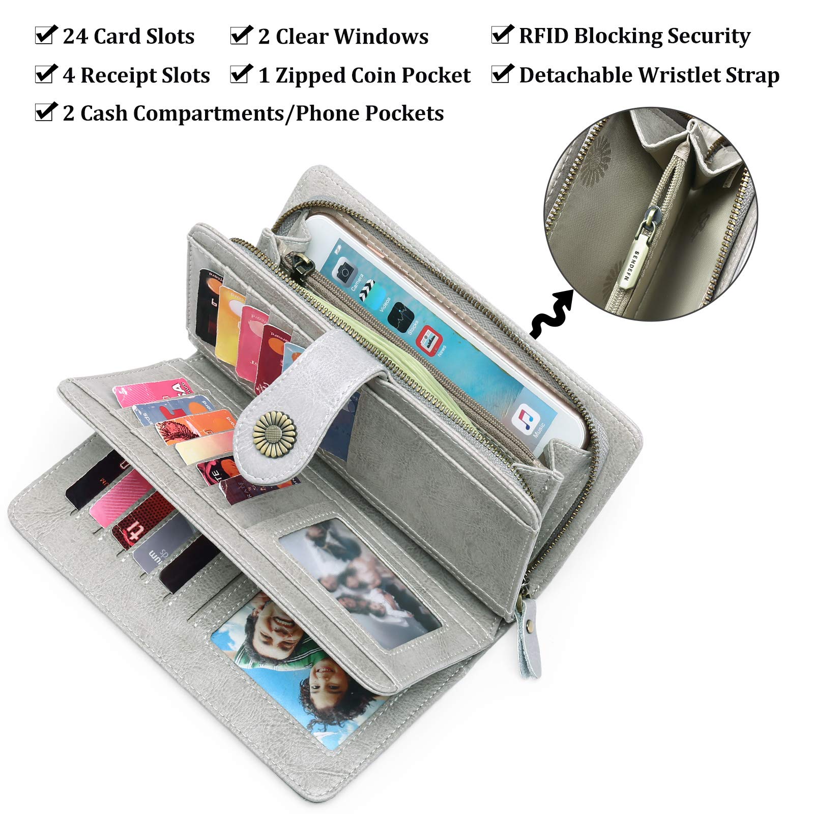 FALAN MULE Women's Wallet Genuine Leather RFID Blocking Large Capacity Trifold Ladies Wallet Wristlet Clutch Card Holder