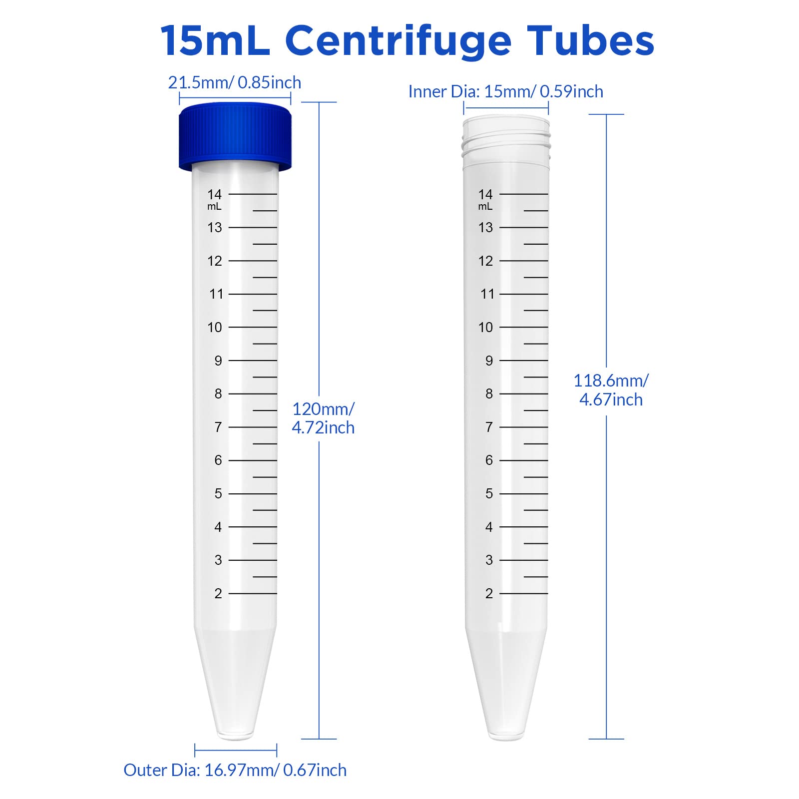 SimPure Centrifuge Tubes 15mL, Conical Tubes Sterile 50 PCS, Polypropylene, Leak-Proof Screw Caps, Plastic Container with Graduated and Write Marks, Non-pyrogenic, DNase/RNase Free, Human DNA-Free
