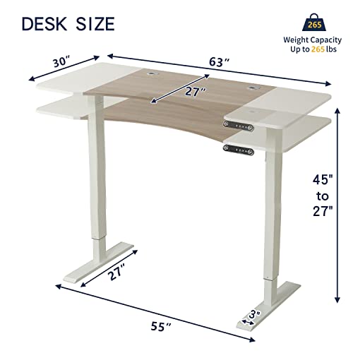 Dual Motor Electric Standing Desk, 63 x 30 Inches Height Adjustable Table with Splice Board, Ergonomic Sit Stand Computer Desk with White Frame/Oak+ White Top