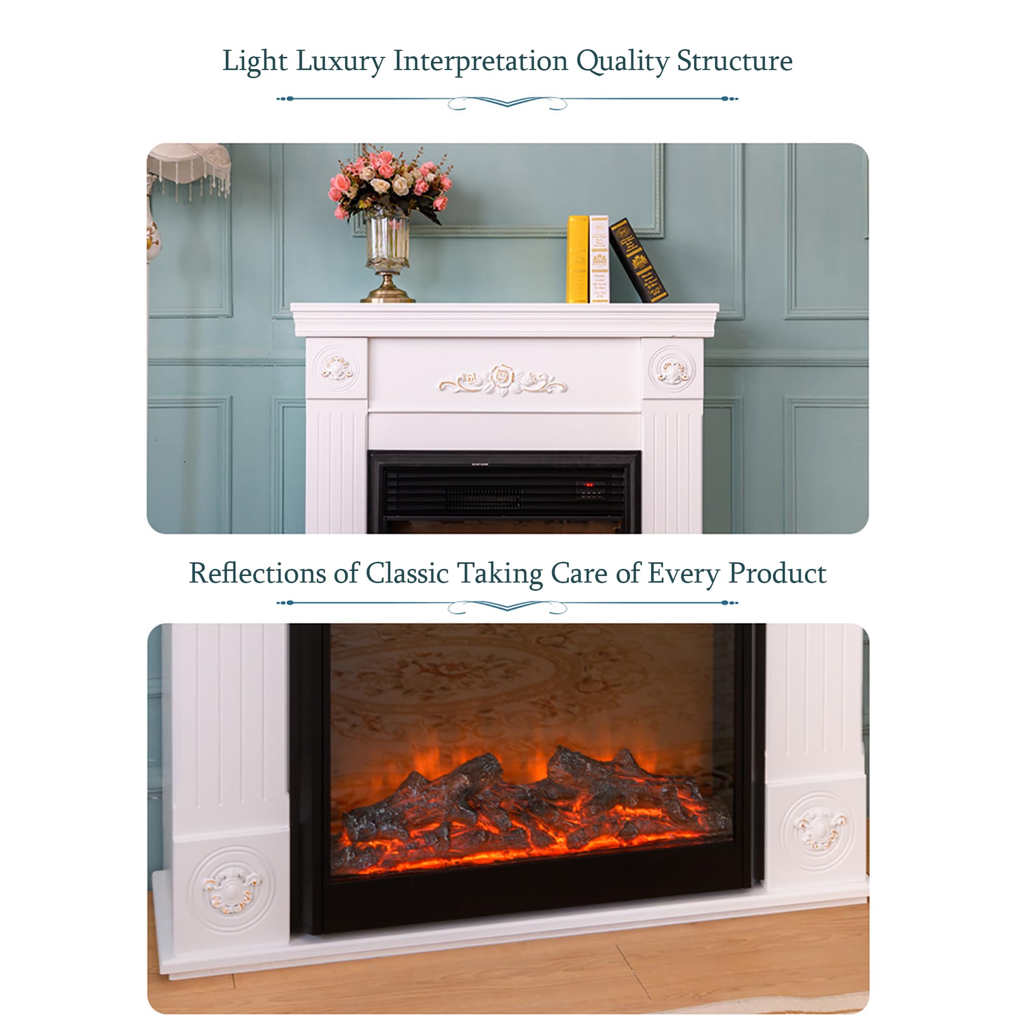 Elegant Freestanding Electric Fireplace, 25 Inches Electric Fireplace Insert, Fireplace Heater, Adjustable LED Flame, Remote Control, White+Black