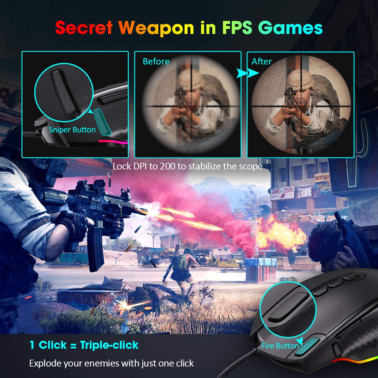 Gaming Mouse Wired [12000 DPI][Customizable RGB Backlit][10 Programmable Buttons][Fire & Sniper Button][Weight and Balance Tuning][Lag-Free] Ergonomic Game USB PC Computer Mice