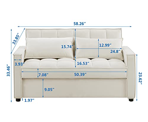 Melpomene Convertible Sofa Bed with Adjustable Backrest, 58" Modern Velvet Loveseat Sofa with Pull-Out Bed,2 Lumbar Pillows, Side Pockets, for Small Spaces(Beige)