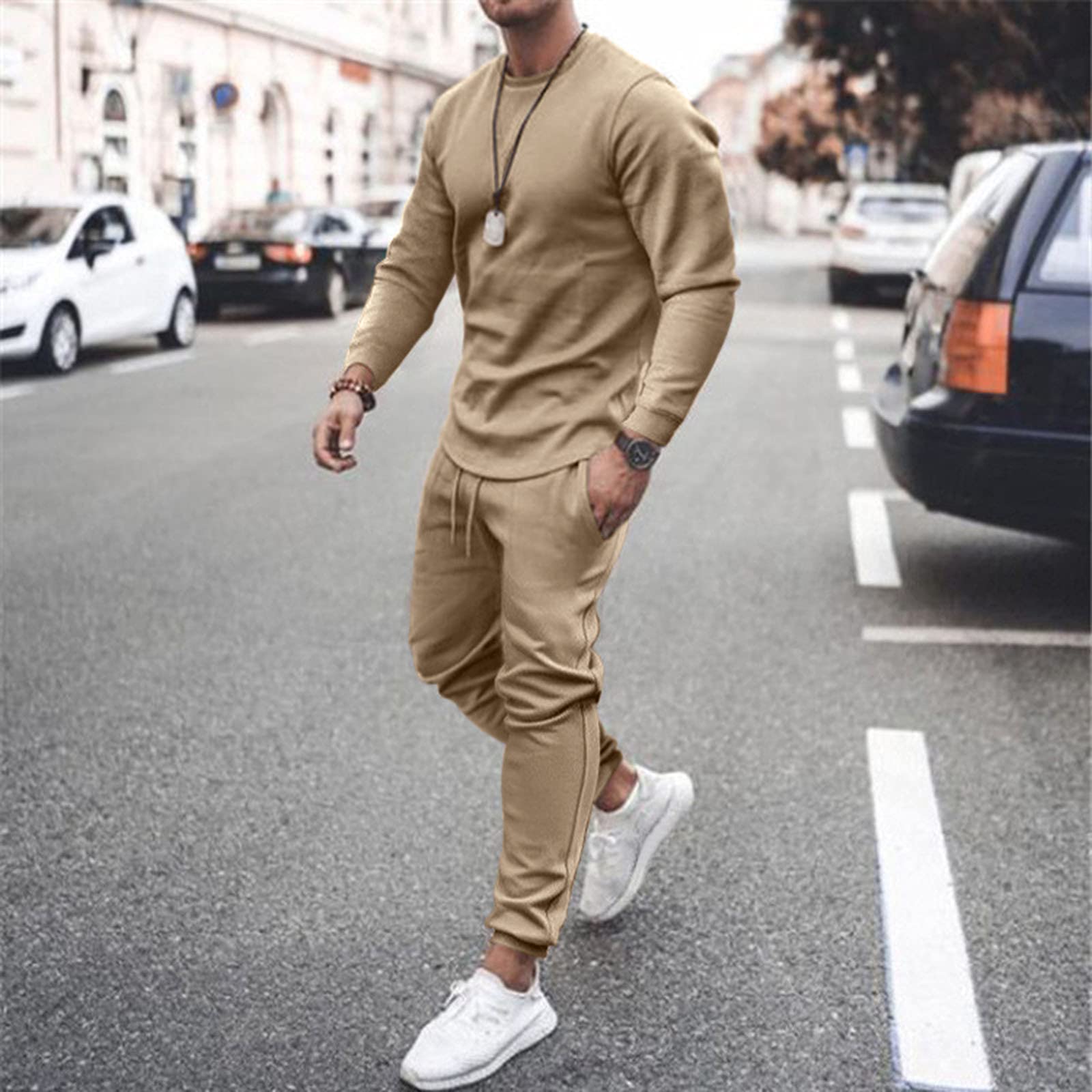 FUNEY Men's Tracksuit 2 Piece Long Sleeve Pullover T-Shirts Tops and Jogger Sweatpants Sets Activewear Lightweight Outfitts Khaki Large