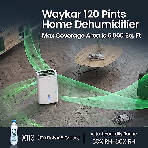 Waykar 120 Pints Energy Star Home Dehumidifier for Spaces up to 6,000 Sq. Ft at Home, in Basements and Large Rooms with Drain Hose, Handle, Auto Defrost and Self-Drying.