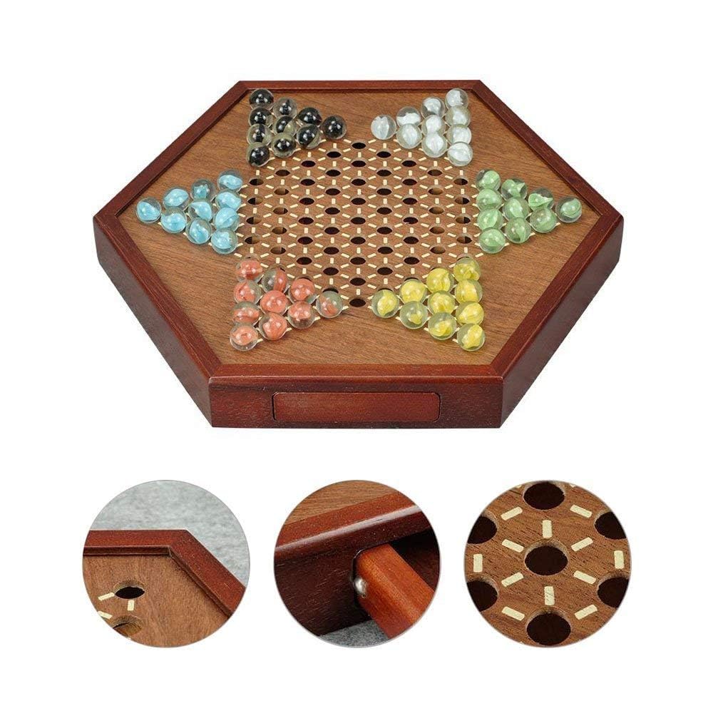 Younglingn 12.5" All Natural Wood Chinese Checkers with Storage Drawer and Glass Marbles Checkers Board Games for Family