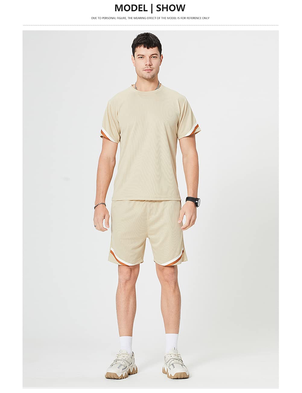 DUOFIER Men's Casual Tracksuit Short Sleeve Running Jogging Athletic Sweat Suits Set, Khaki-2XL