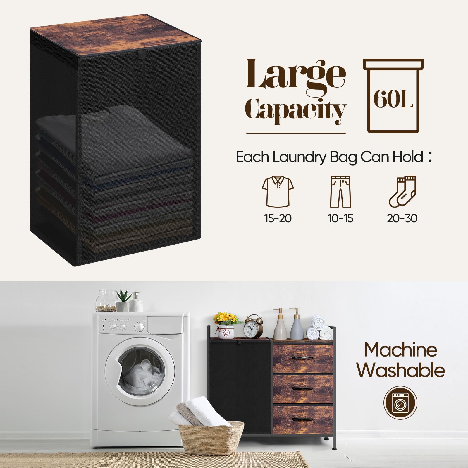 Laundry Hamper with Top Shelf, Laundry Basket Organizer with 1 Large Removable Dirty Clothes Bag & 3 Pull-Out Cloth Drawer, Dirty Clothes Hamper Organizer for Laundry Room Bathroom and Dorm