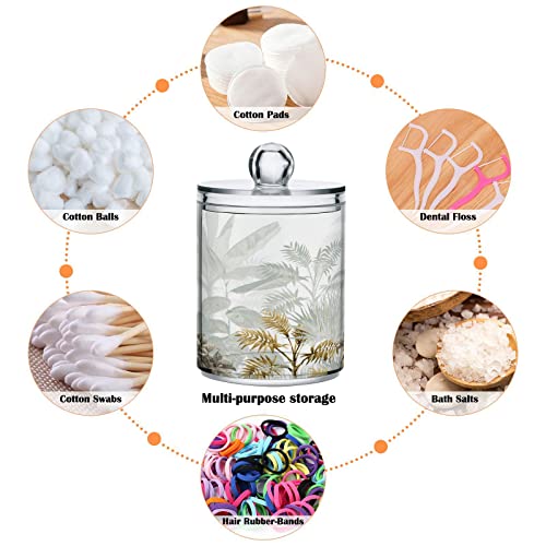 Kigai 2PCS Tropical Leaves Qtip Holder Dispenser with Lids - 14 oz Bathroom Storage Organizer Set, Clear Apothecary Jars Food Storage Containers, for Tea, Coffee, Cotton Ball, Floss