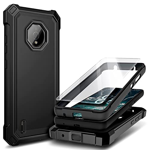 WDHD Case for Nokia C200 with Tempered Glass Screen Protector, Full-Body Protective Shockproof Rugged Bumper Cover, Impact Resist Durable Phone Case (Black)