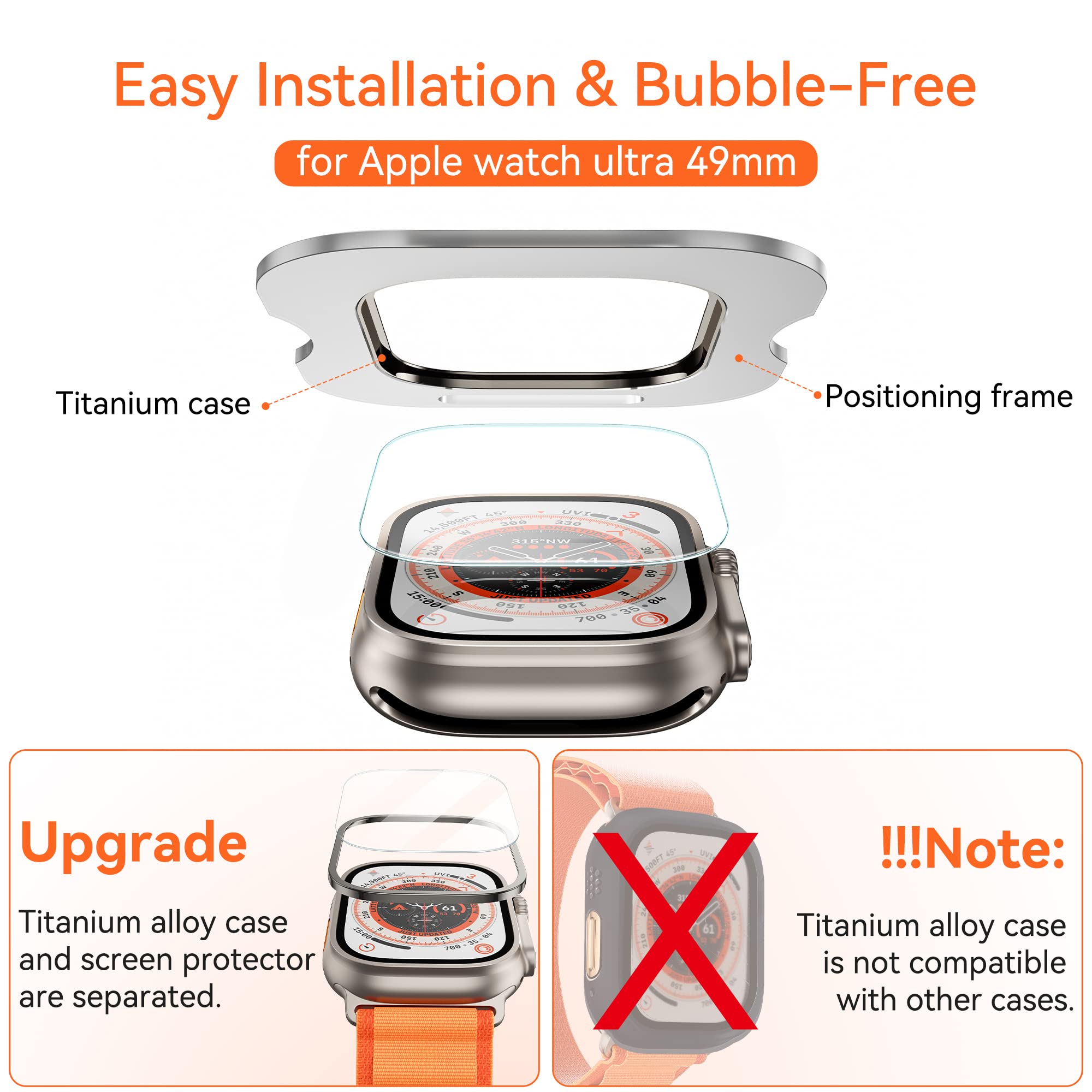 Hoerrye for Apple Watch Ultra 2 / Ultra 1 Screen Protector 49mm,[Titanium Bumper Case] [with Positioning Frame] 4 Pack Tempered Glass Film Full Coverage Protective Face Cover for iwatch Accessories