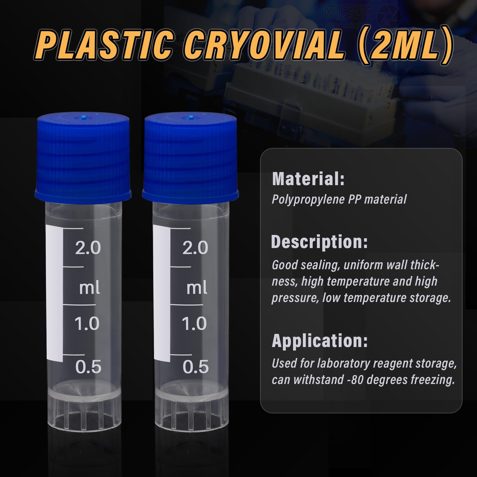 NAOEDEAH 100 Pcs 2ml Vials Centrifuge Tubes Plastic Sample Tubes Cryogenic Vials Small Vials with Screw Caps Graduated Bottles Test Tubes with Lids (Orange)