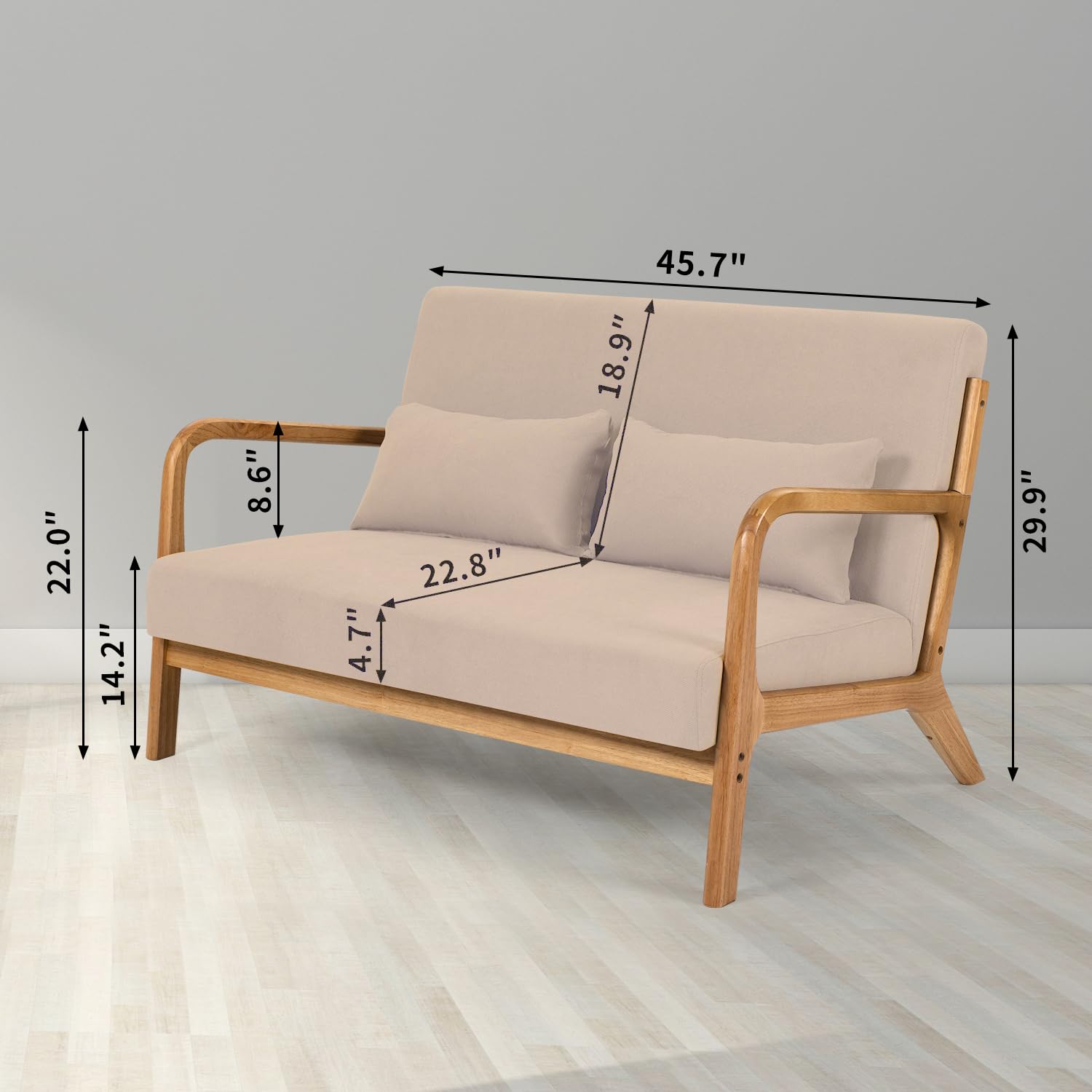 Loveseat Sofa Small Couch, Mid Century Modern Accent Chair 2 Seat Couch with 2 Pillows for Small Space, Living Room, Bedroom