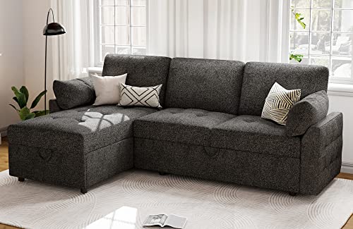 VanAcc Pull Out Sofa Bed, Modern Tufted Convertible Sleeper Sofa, Chenille Sleeper Sectional Couch Bed with Storage Chaise, L Shaped Sofa Couch for Living Room (Dark Grey)