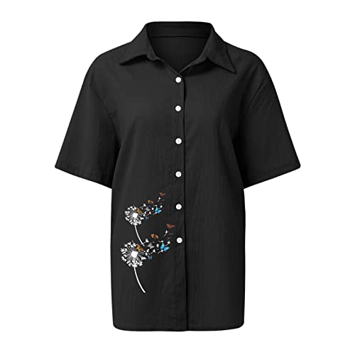DUOWEI Ladies Cotton Linen Casual Loose Personality Printed Lapel Button Short Sleeve Black