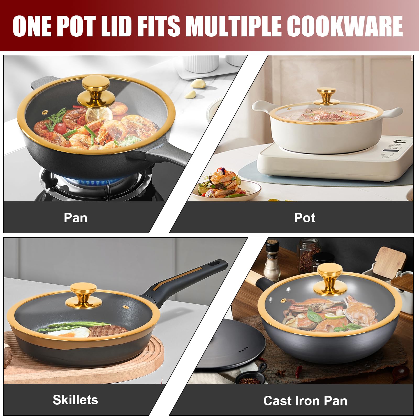 Nonley 9.5 Inch Tempered Glass Lid - Glass Lid Cooking Pot Lid for Frying Pan - Glass Covers Pan Lid with Handle for Pots,Pans,Skillet,Cast Iron with Handle - Clear