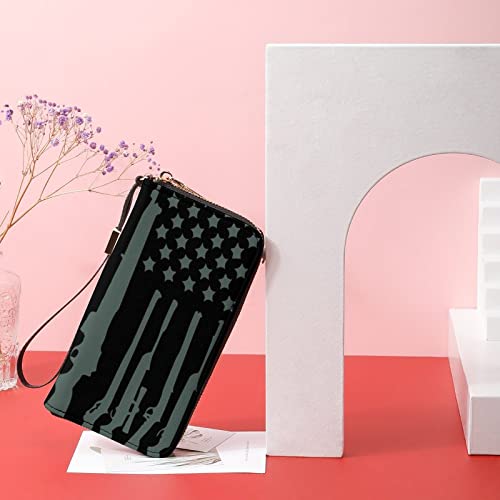 FunnyStar Gun USA Flag Black Women's Long RFID Hand Wallet Wristlet Clutch Purse PU Leather Handbag with Wrist Strap
