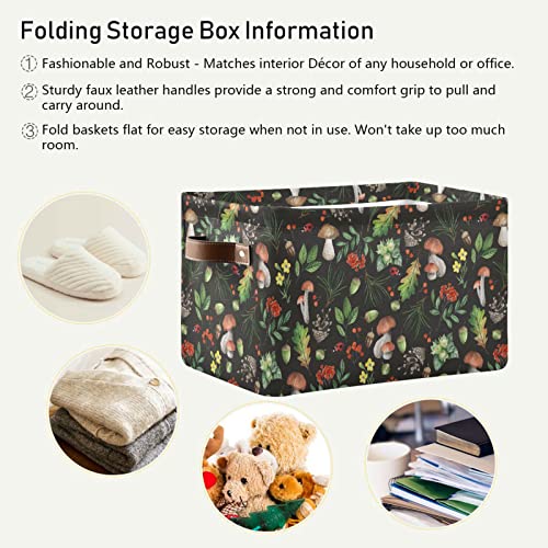 Kigai Collapsible Storage Basket with Handles, Mushroom Leaves Canvas Fabric Storage Bins Toys Clothes Organizer for Bedroom, Nursery, Shelves, Closets (1PACK)