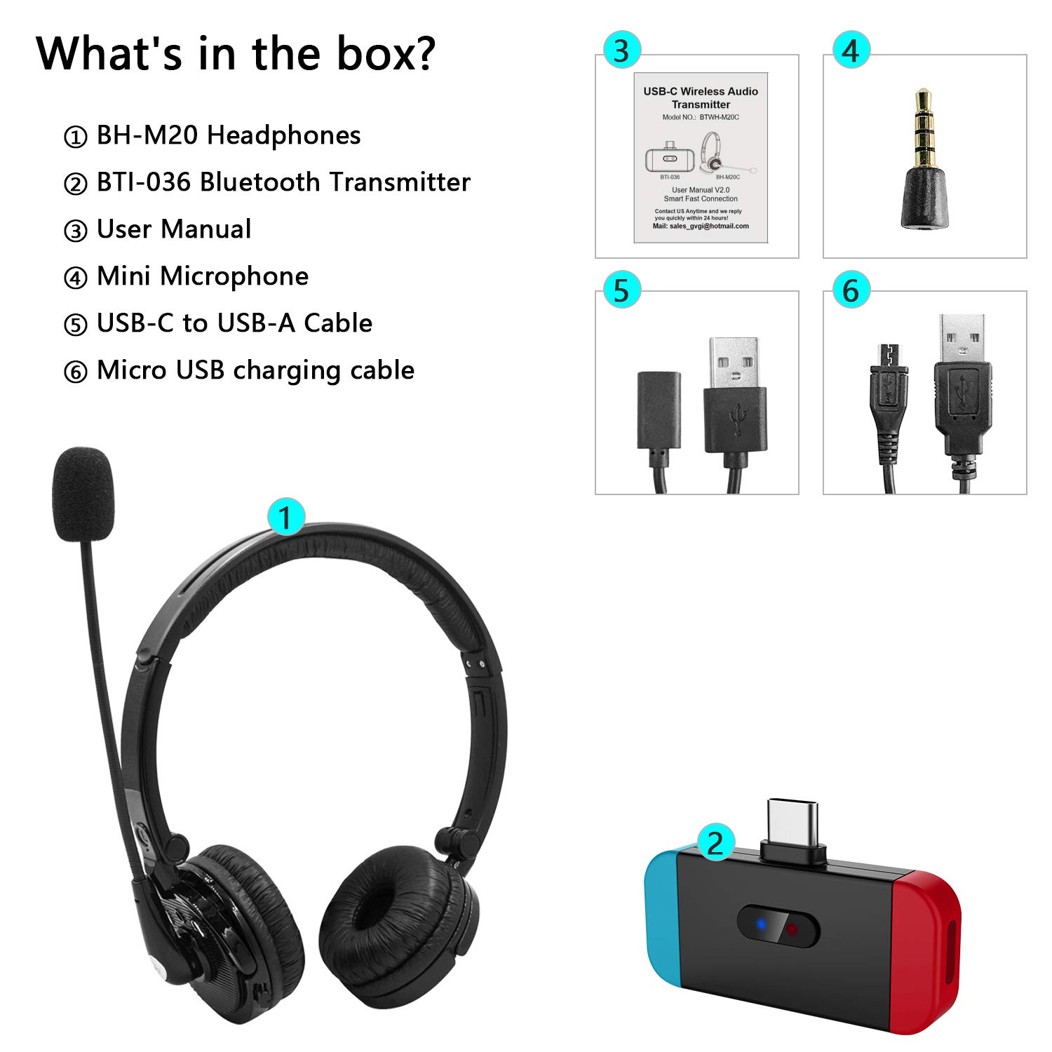 Friencity Wireless Gaming Headset w/Bluetooth Audio Transmitter Adapter set for Nintendo Switch, PC, PS4, PS5, Built-in mic, Support in-Game Voice Chat, Low Latency, Dual Headphones