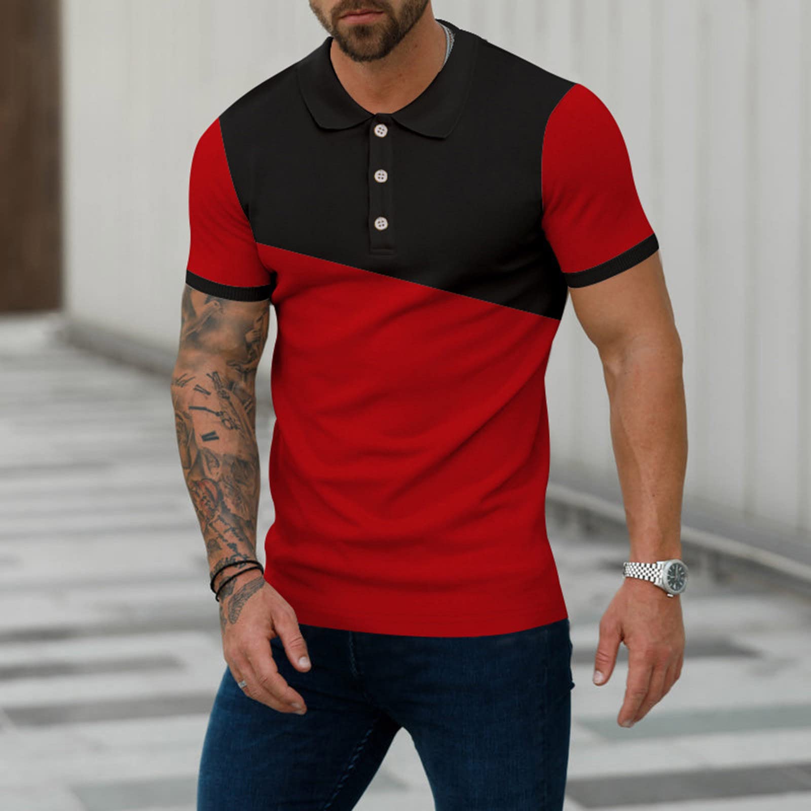 DUOWEI Mens Summer Fashion Soft Breathable Lapel Color Matching Short Sleeve Shirt T Shirt Red