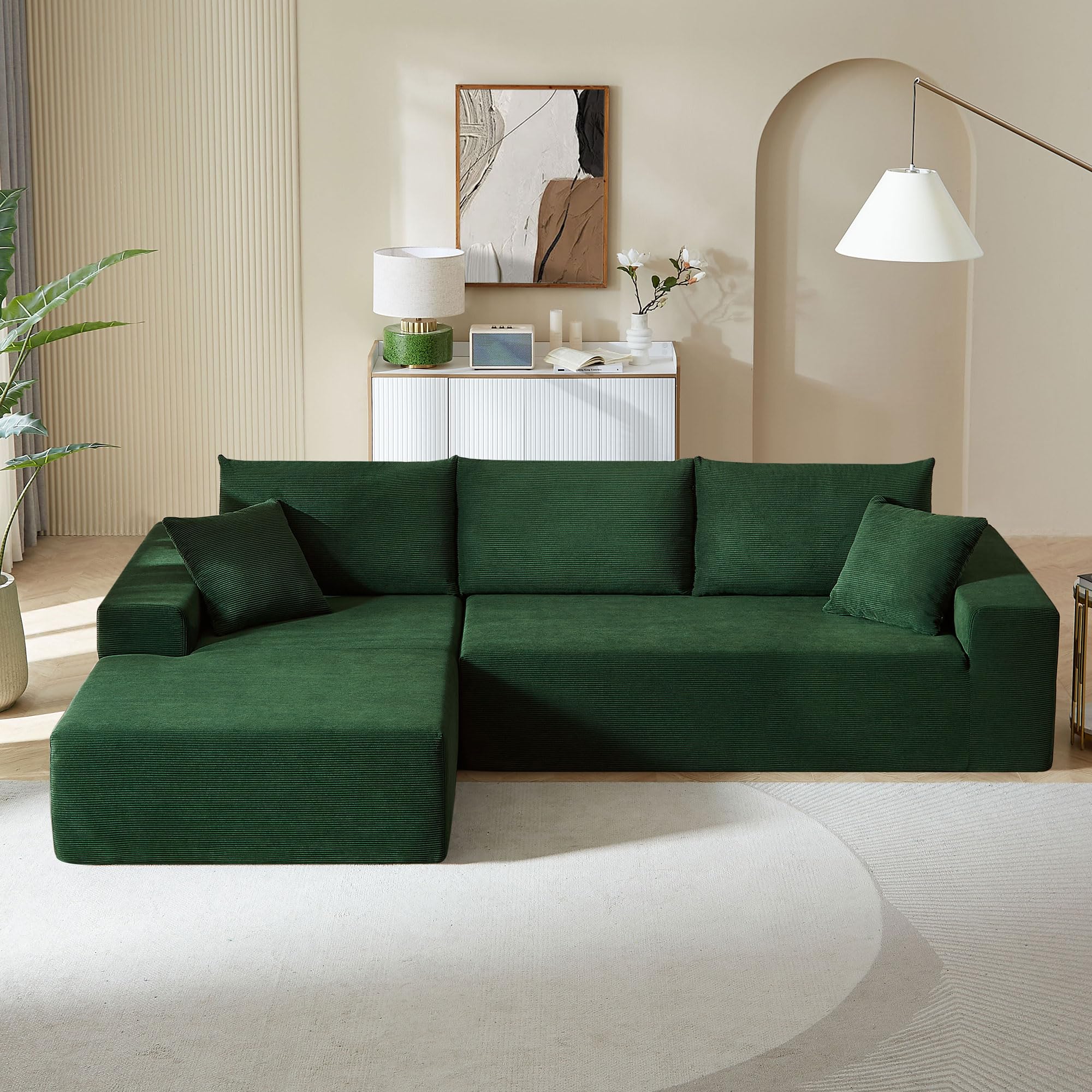 JUSTONE, 108.5'' Dark Green High Density Sponge Sectional Sofa with Chaise Lounge, 3 Seater, Modern Polyester Living Room Sofa, Space Saving L-Shape, Right Facing, Cloud Couch, 2 Throw Pillows