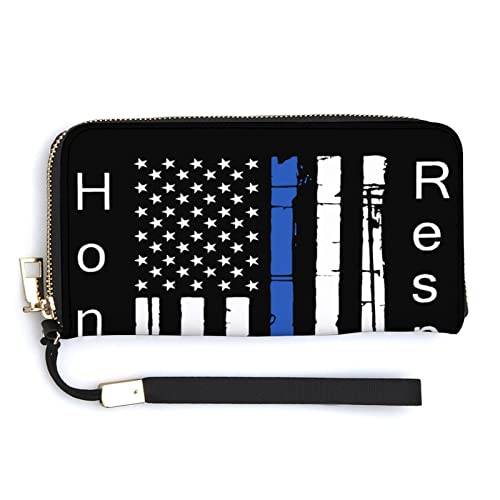 FunnyStar Thin Blue Line American Flag Women's Long RFID Hand Wallet Wristlet Clutch Purse PU Leather Handbag with Wrist Strap