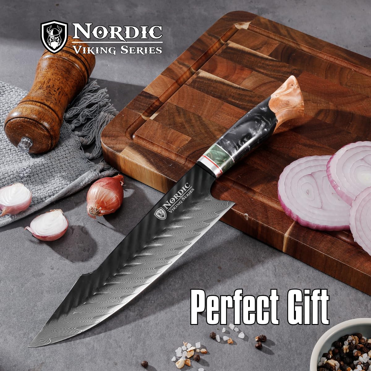 Nordic New Viking Series Professional 8 Inch Chef Knife, Damascus Chef Knife, 67 Layers, Hand Forged Chef Knife with Resin and Maple Wood Handle and Leather Sheath