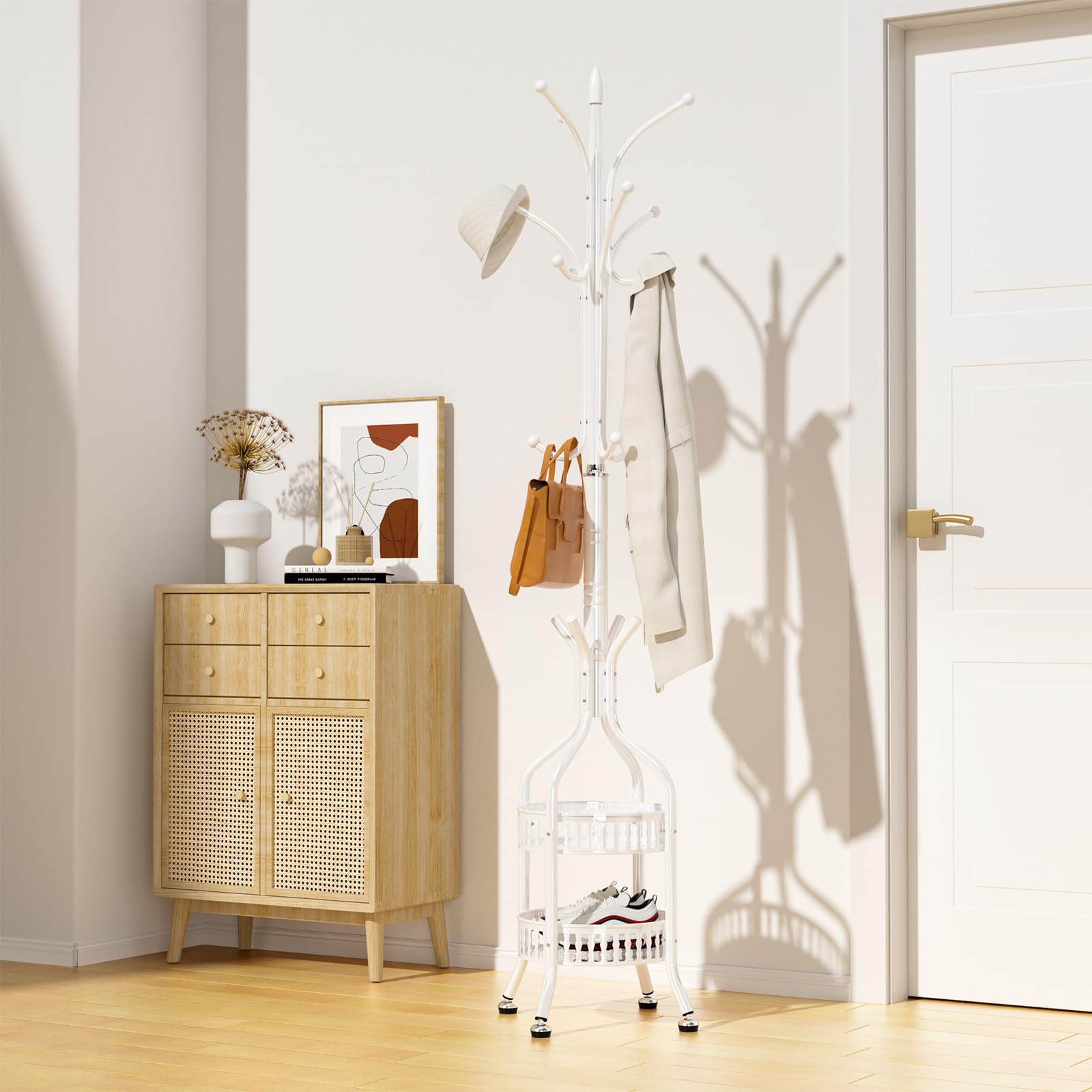 LAZEYARD Modern Metal Coat Rack Stand with Double Layer Basket,Coat Rack Freestanding Hat Hall Tree with 12 Hooks For Hanging Scarf,Bag,Jacket,Hat Coat Hanger Stand for Home Entry-way,Bedroom,Office