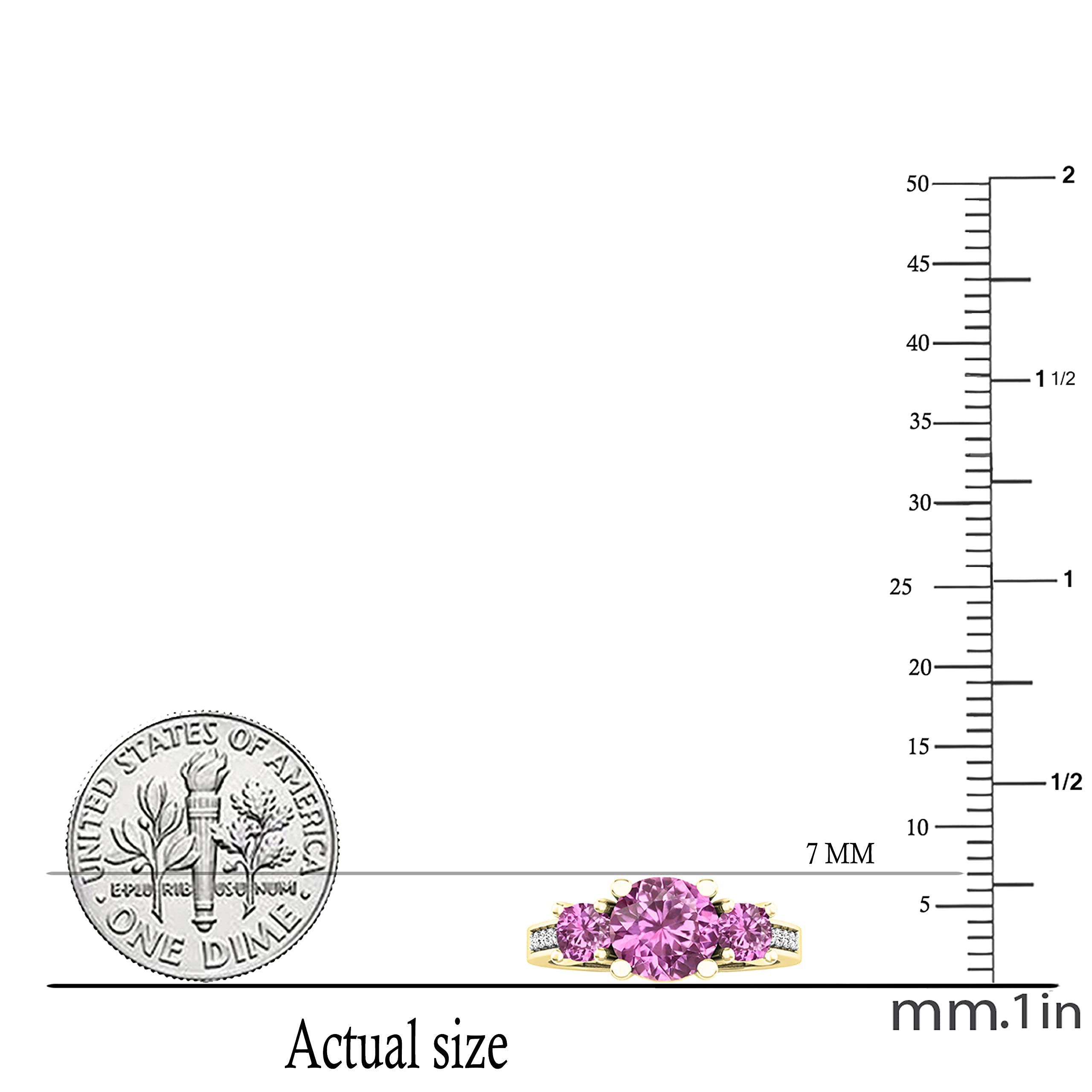 Dazzlingrock Collection 7 MM Centre & 4 MM Side Round Lab Created Pink Sapphire with Natural White Diamond Women Three Stone Engagement Ring | 10K Yellow Gold, Size 7