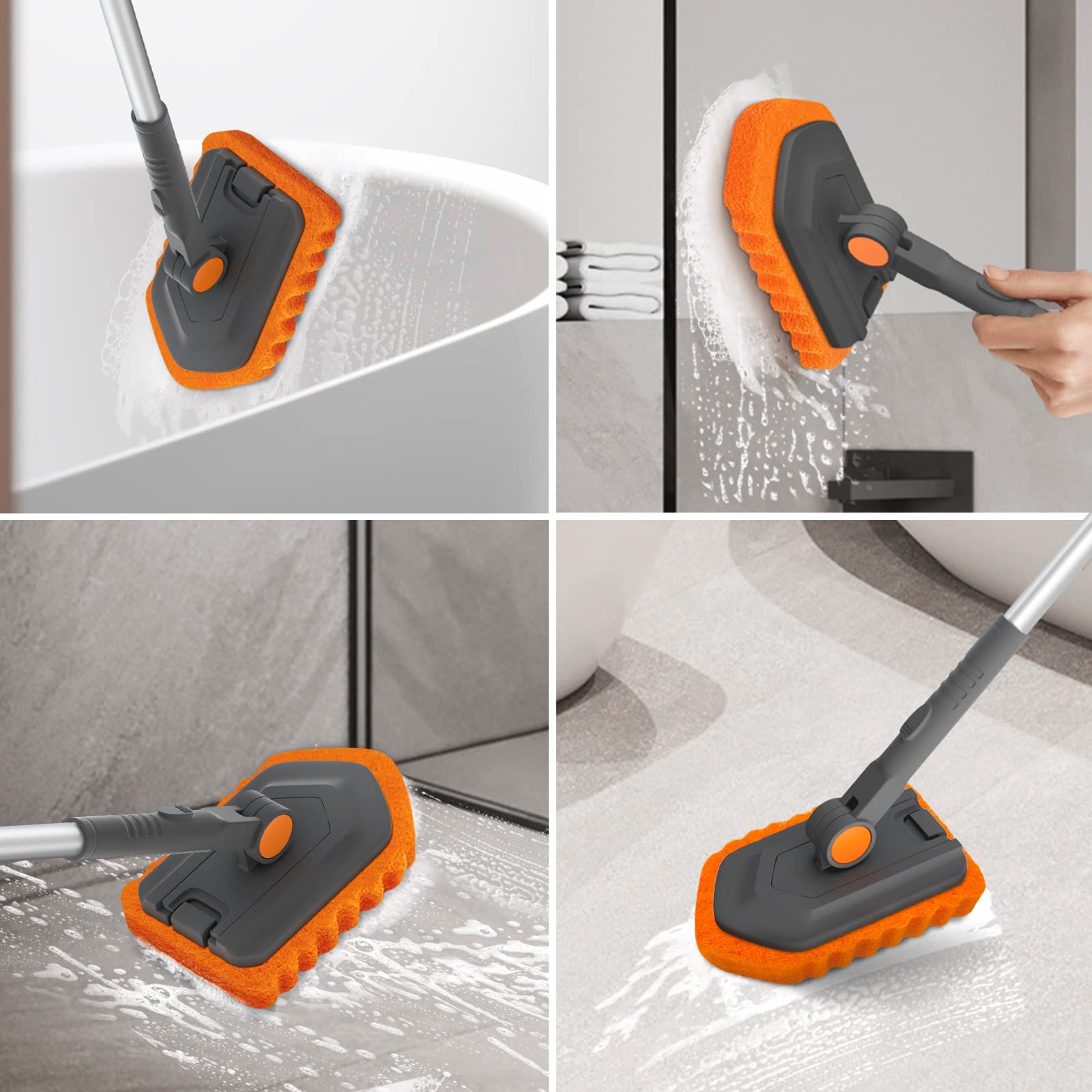 Holikme Shower Bathtub Scrubber for Cleaning with 3 Pack Scouring Pads Extendable Tub and Tile Scrubber Tools for Bathtub Shower Bathroom, Orange