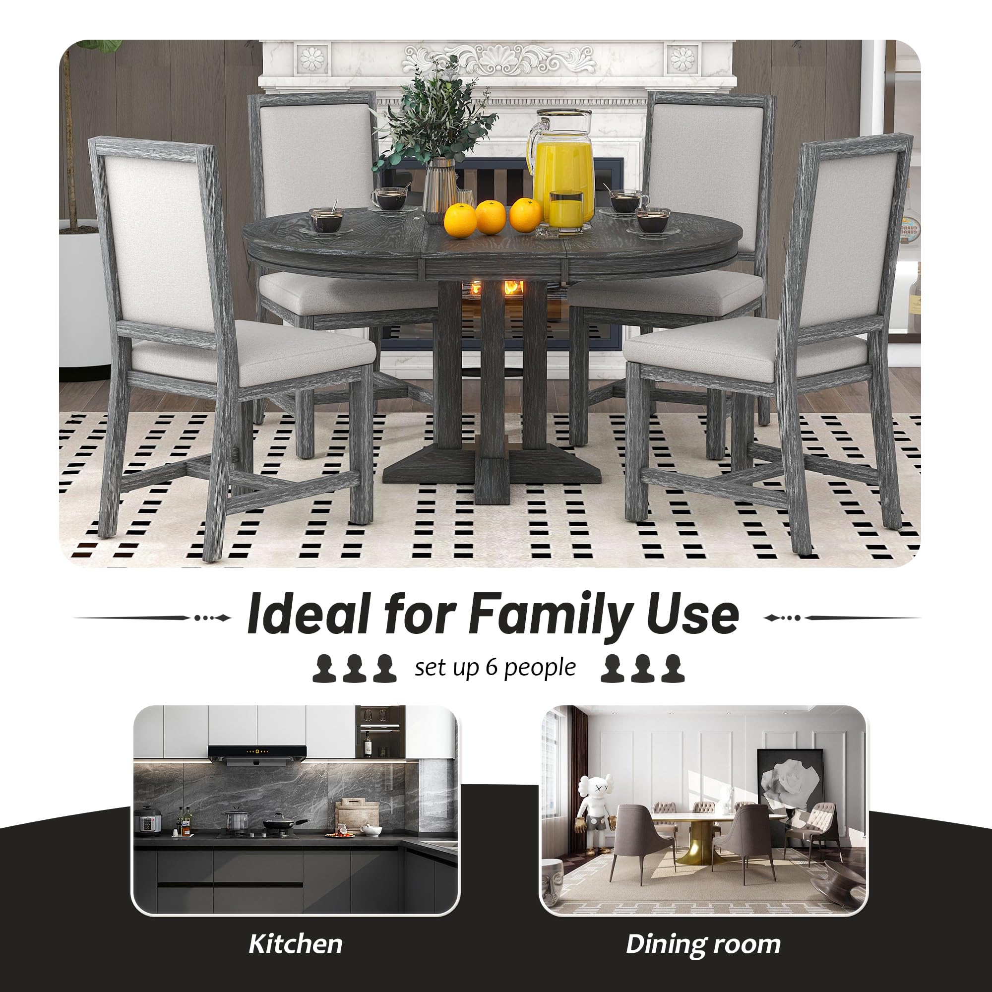Dinehome 5-Piece Farmhouse Wood Round Extendable Dining Table Set with 4 Upholstered Chairs for Home Kitchen, Black