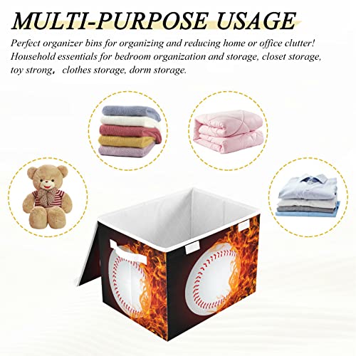 Kigai Fired Baseball Storage Basket with Lid,Collapsible Storage Box Fabric Storage Bin for Closet,Office,Bedroom,Nursery
