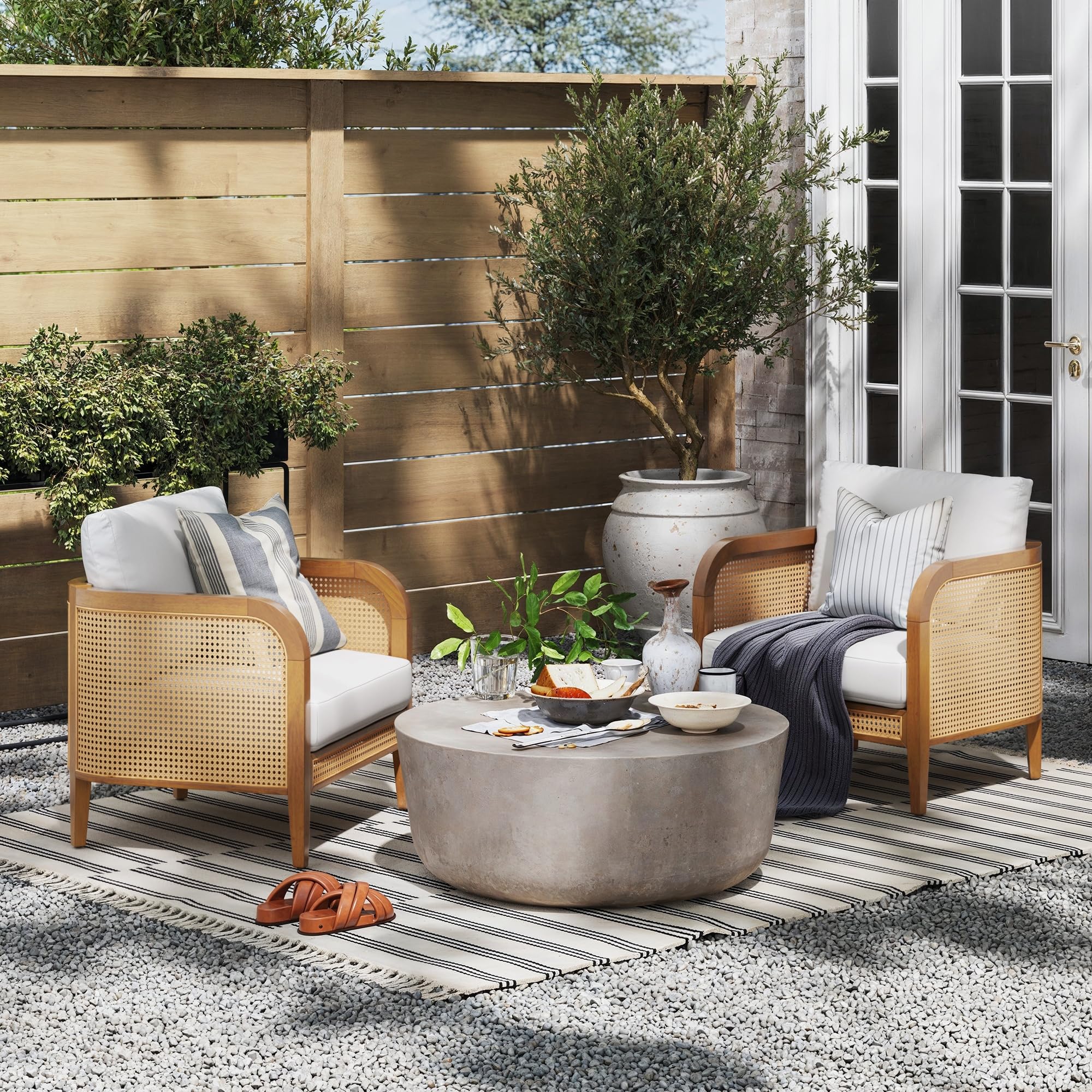 Nathan James Bohemian Upholstered Outdoor Patio Seating, Set of 2 Chairs, Light Acacia Wood/Linen White - Twila