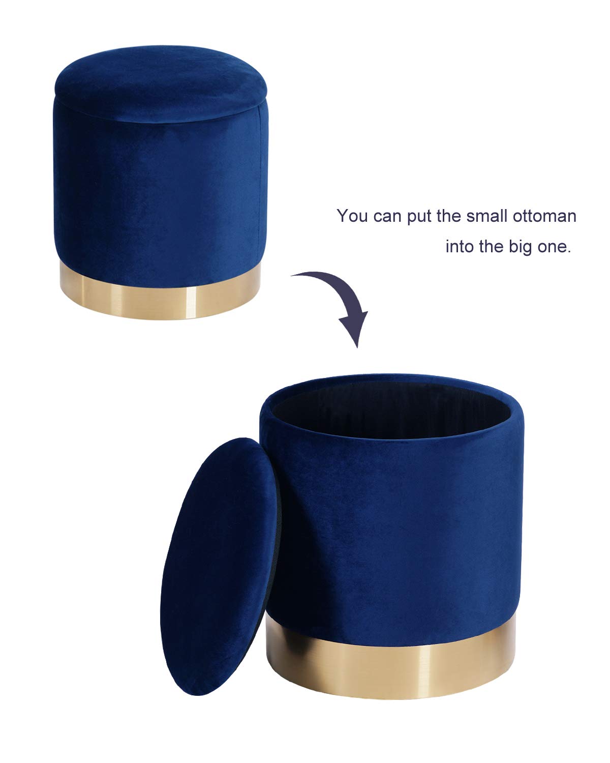 DEERUN Round Velvet Storage Ottoman Foot Rest Stool/Upholstered Footstool with Gold Plating Base,Pack of 2 (Blue)