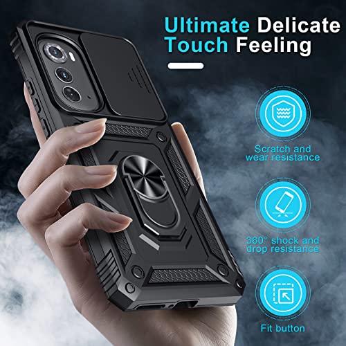 Motorola Moto Edge 2022 Case Built in Slide Camera Cover and Screen Protector [Not for Edge Plus],Heavy Duty Shockproof Full Body Phone Cover,Built in Finger Ring Stable Holder Kickstand,2022 Black