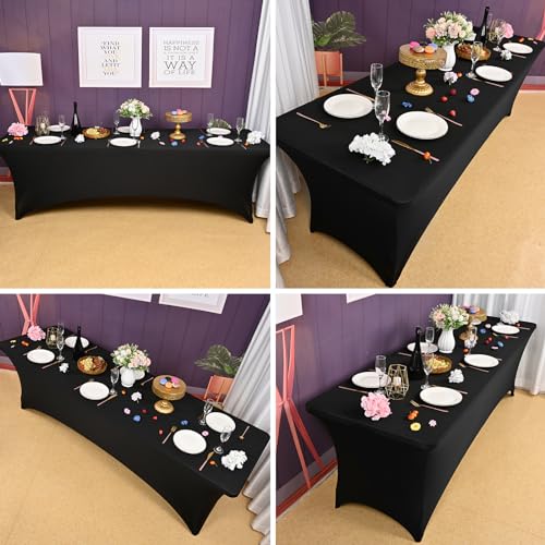 Lykoow 4 Packs 8Ft Stretch Spandex Table Cover for Standard Folding Tables - Universal Rectangular Tight Elastic Fitted Tablecloth Protector for Wedding, Banquet and Party (Black)