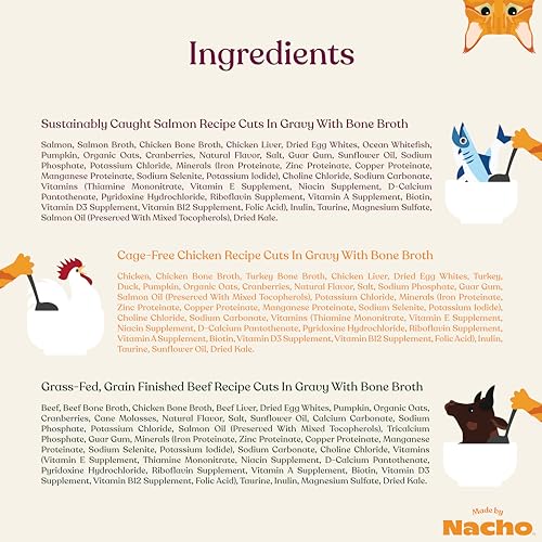 Made by Nacho Wet Cat Food Variety Pack, Cage-Free Chicken, Sustainably Caught Salmon, Grass-Fed Beef with Bone Broth for Extra Hydration, (12) 3 oz Pouches