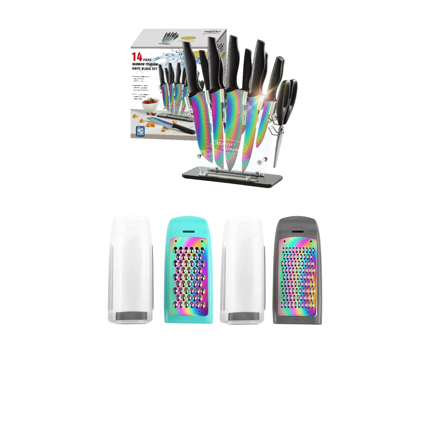 KYA35 14 PCS Rainbow Titanium Coating Cutlery Knives Block Set + Marco Almond MA63 Graters for Kitchen